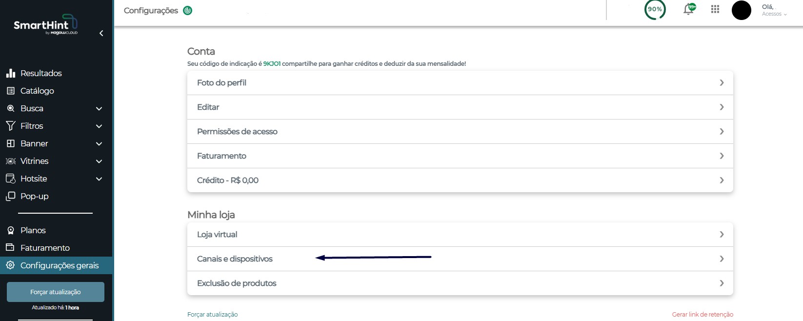 Canais e dispositivos – SmartHint